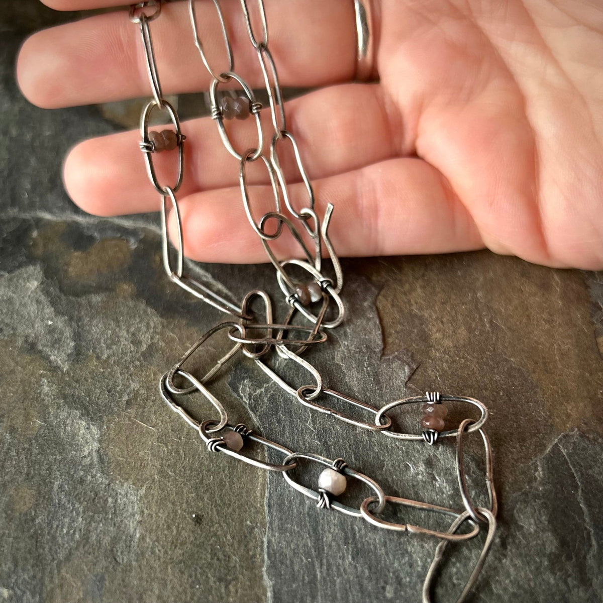 Forged Chain with Chocolate Moonstone | Three Flames Silverworks